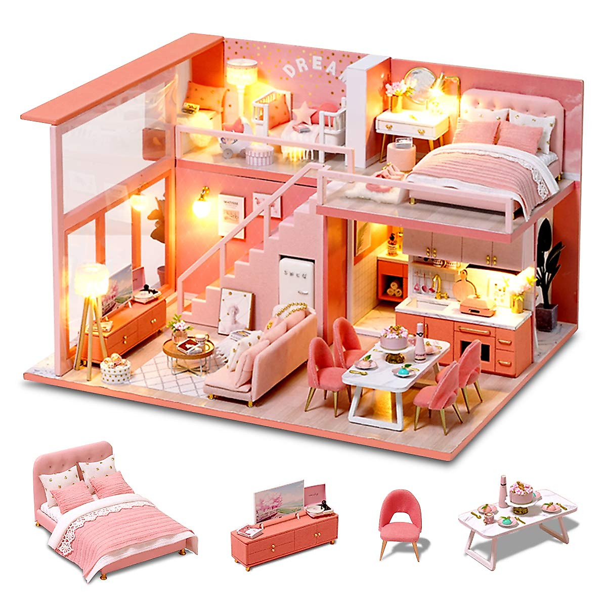 GuDoQi DIY Miniature Dollhouse Kit, Mini Dollhouse Kit with Furniture, Tiny House Kit Plus Dust Cover, DIY Miniature Kits, Gift for Birthday Easter Day, Sweet Angel