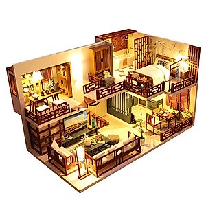 Dollhouse Miniature with Furniture DIY 3D Wooden Doll House Kit Cottage Traditional Yard Creative Room Best Gift for Children Frie (Shi Guang)