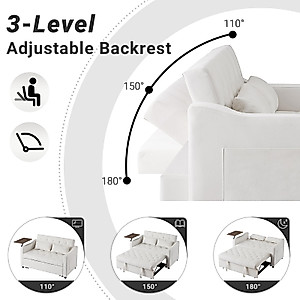 Skepphlay 3 in 1 Convertible Sofa, Sleeper Loveseat with Side Table, Pull Out Couch, 3-Level Adjustable Backrest, Recliner with 2 Pockets and 2 Pillows for Living Room Apartment Office, White