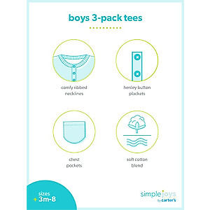 Simple Joys by Carter's Toddler Boys' Short-Sleeve Pocket Henley Tee Shirt, Pack of 3, Blue Heather/Grey Heather/Stripe, 3T