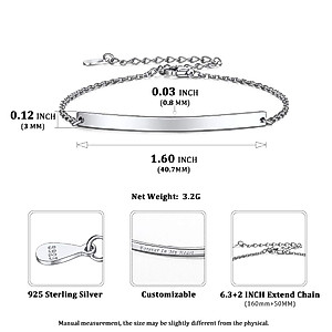 ChicSilver Personalized Bar Bracelet for Women 925 Sterling Silver Engraved Initial Name Nameplate Bar Link Charm Bracelet Identification ID Bracelet Friendship BFF Bracelet Adjustable