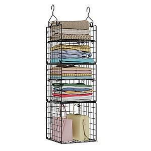 X-cosrack Hanging Closet Organizer and Storage - 5-Tier Closet Storage Organizer Baskets for Clothes & Adjustable Collapsible Metal Closet Hanging Organizer Shelves for Sweaters Shoes Handbags