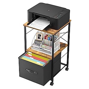 VECELO File Cabinet with Open Storage Shelf, Rolling Printer Stand with Large Fabric Drawer, Suitable for Letter Size, Ideal for Small Spaces, Home Office, Easy to Install, Brown