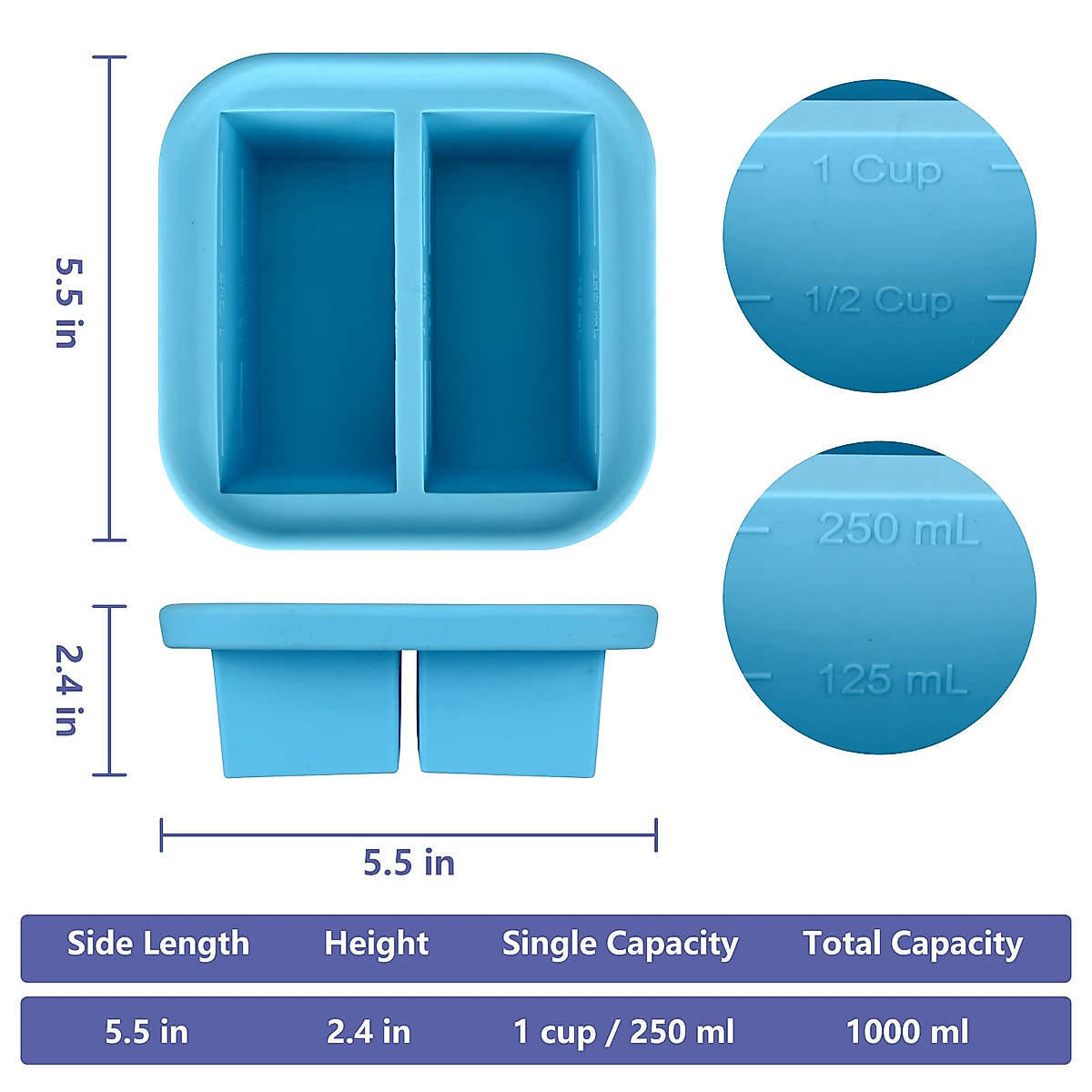 Kinggrand Kitchen 1-Cup Silicone Freezer Tray with Lid 2 pack Soup freezer molds Food Freezing Container Make 4 Perfect Soups, Broths, Stews, Sauces, Curries