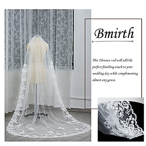 Bmirth 1 Layer Bridal Wedding Veil Cathedral Long Length Lace Bride Tulle Hair Accessories With Comb for women Floral 118" Veil Headpeice (White)