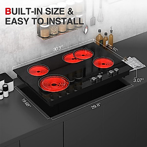 QTYANCY Electric Cooktop, 30 Inch Built-in Electric Smoothtop with 4 Elements, Touch & Knob Control, 9 Heating Levels, Child Lock, Timer, Hot Surface Indicator, 6800W Electric Stove Top Hot Plate