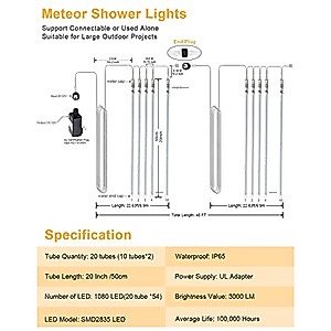 Meteor Shower Lights Christmas Lights 1080 LED Meteor Lights Waterproof 20 inch 20 Tubes Cascading Falling Raindrop Lights for Holiday Wedding New Year Party Garden Christmas Tree Decor (2 Packs)