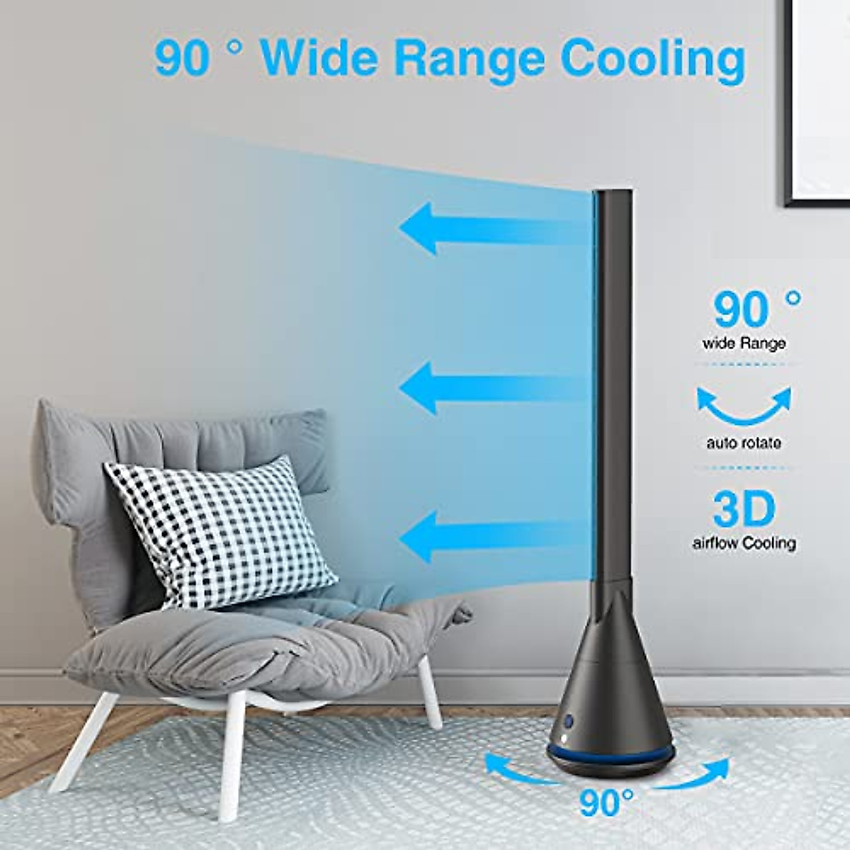 ULTTY Bladeless Tower Fan 90° Oscillating Fan with Remote, Quiet Cooling, 12 Modes, 8H Timer, Space-Saving, LED Display with Touch Control, 40” Portable Floor Bladeless Fan for Bedroom Home, Black