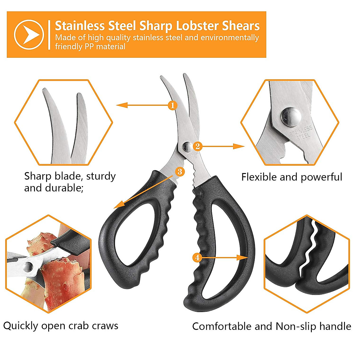 4PCS Seafood Scissors Crab Scissors Stainless Steel Seafood Fish Crab Shrimp Lobster Scissors for Kitchen, Multifunctional Crab Leg Crackers and Tools Black