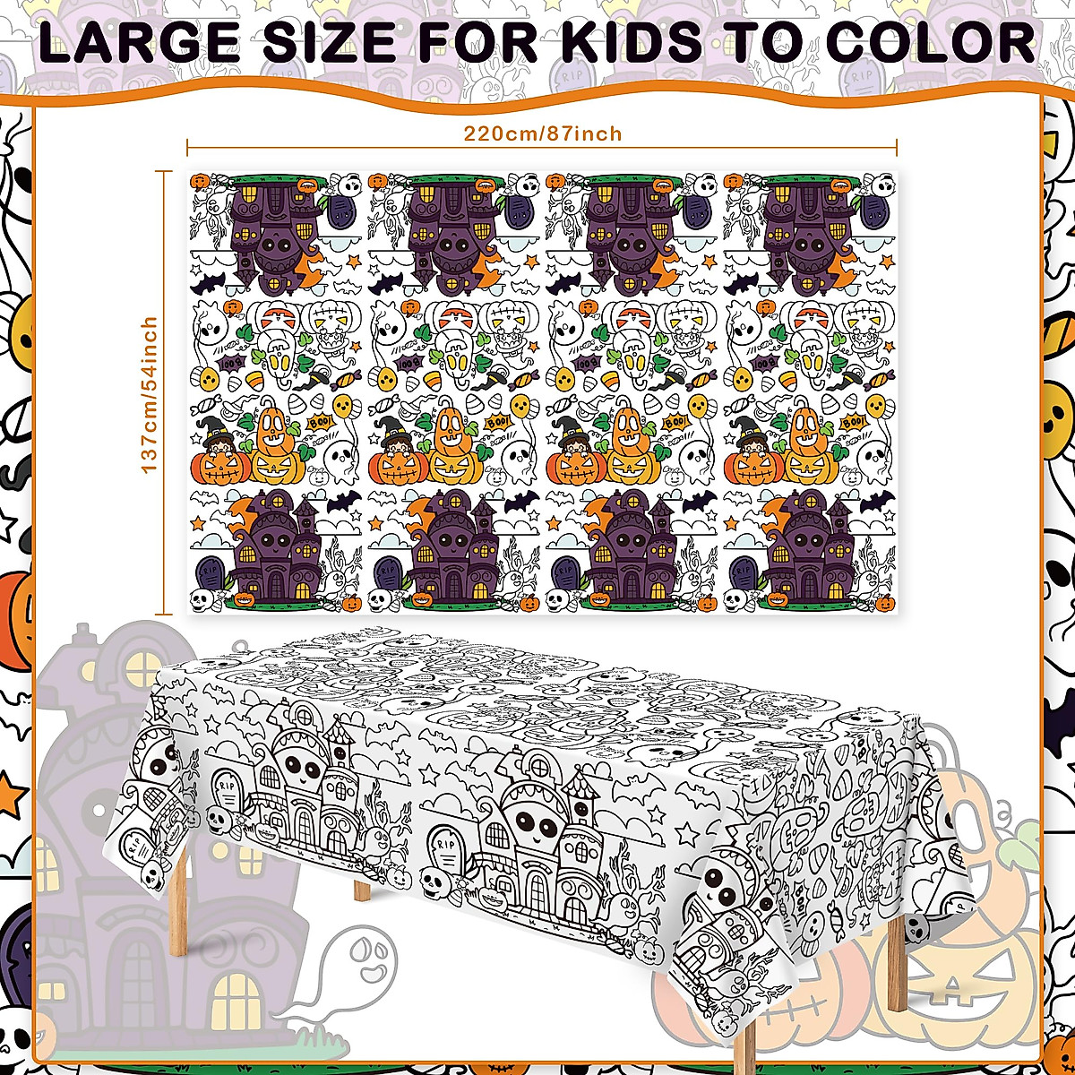 OHOME Halloween Paper Coloring Tablecloth - Halloween Party Decorations | Halloween Backdrop for Indoor | Halloween Games Gifts Decor Party Favors Supplies | Halloween Crafts for Kids,54" x 88"