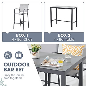 OC Orange-Casual 5-Piece Patio Bar Set, All-Weather Aluminum Textile Fabric Outdoor High Top Dining Table and Chairs, 4 Metal Bar Height Stools with Glass Top Bar Table, for Porch, Garden, Dark Grey