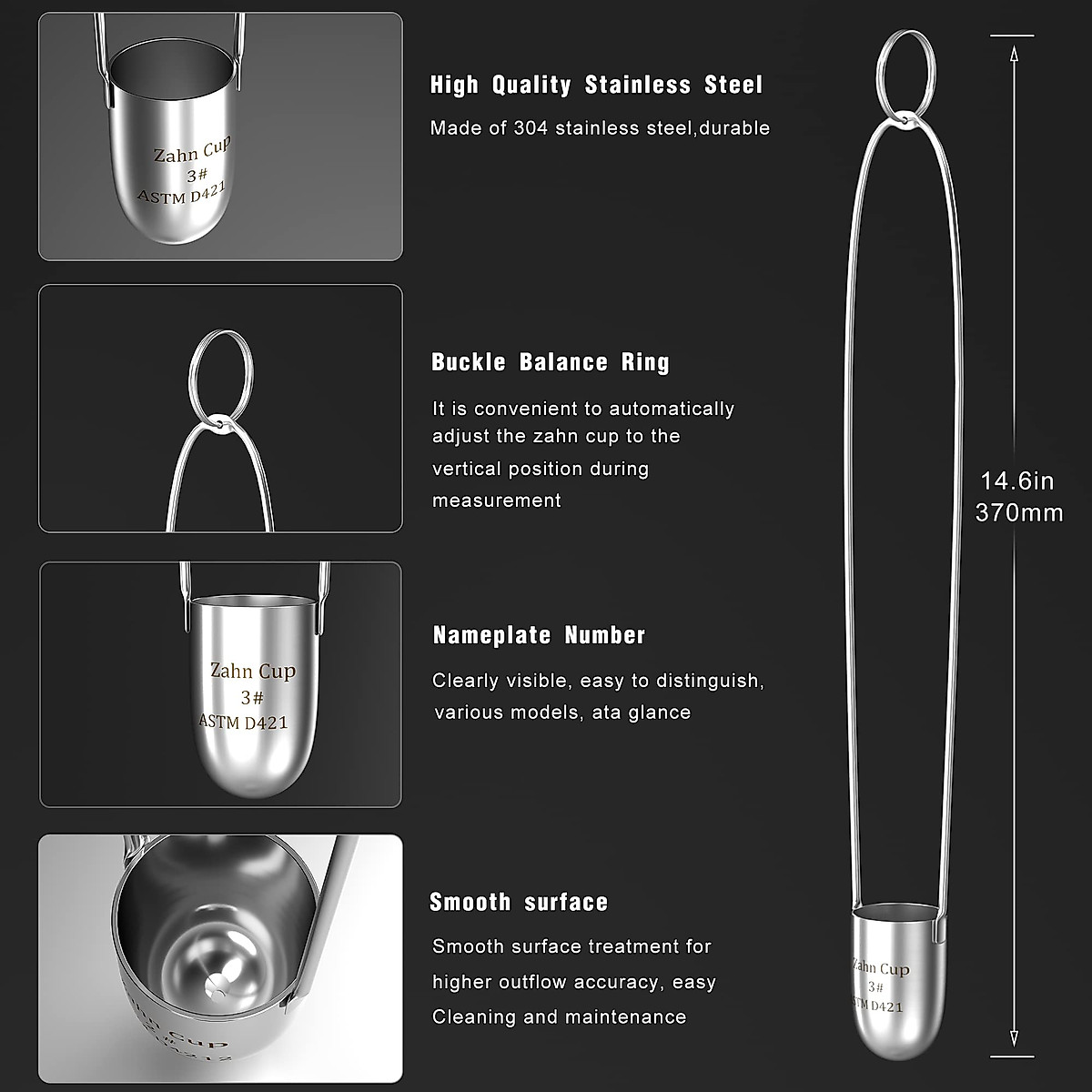 Viscosity Cup No. 3 Zahn Cup, 3 Viscometer Dip Type 44ml Viscosity Cup for Paint Sprayer, Stainless Steel Flow Cup for Oil Paint Finishes Honey Sauce