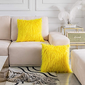 Home Brilliant Yellow Fur Pillow Covers Furry Fuzzy Accent Throw Pillow Covers Decorative for Couch Sofa Bed Summer Decoration Girl Gift, Set of 2 (18 x 18 Inch, Yellow)