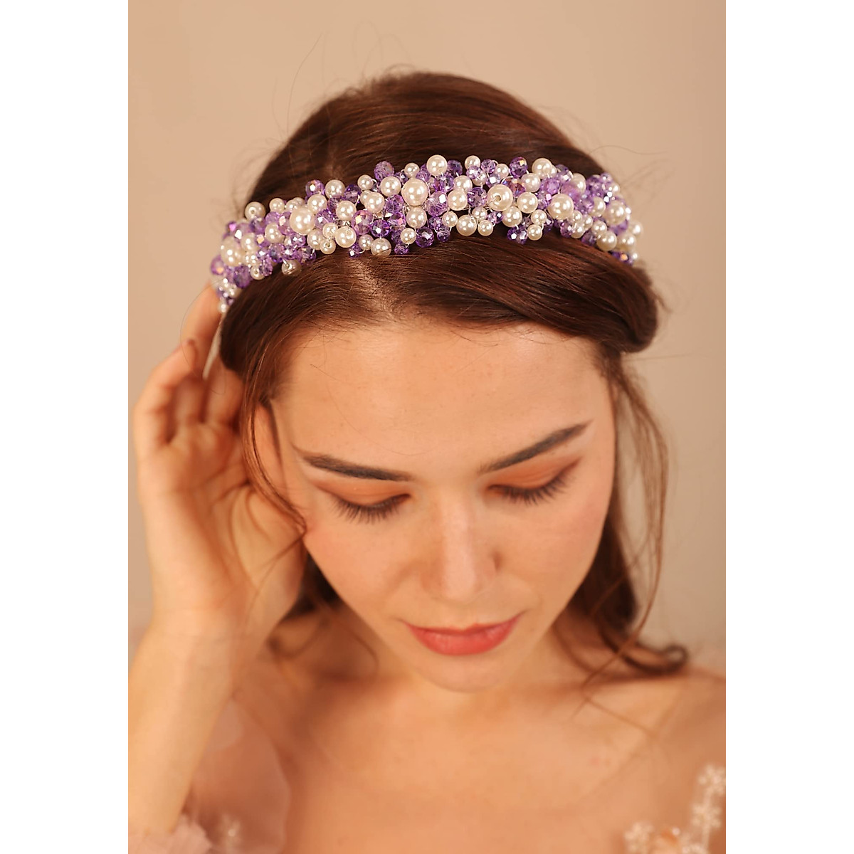 Kercisbeauty Purple Crystal and Pearl Hair Tiara for Girls Prom Wedding Bridal Handmade Crown Women Special Occasion Boho Jewelry (Purple)