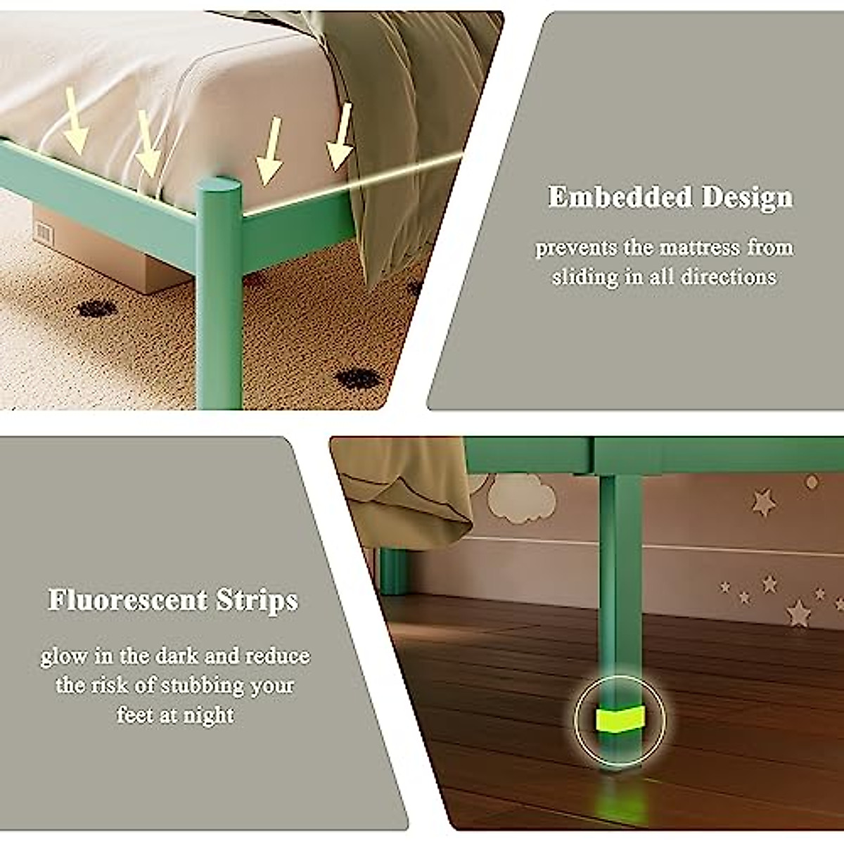 Feonase Twin Size Metal Platform Bed Frame with Retro Headboard, Hardened Steel Tube, 12" Under-Bed Storage, No Box Spring Needed, Easy Assembly, Mint Green