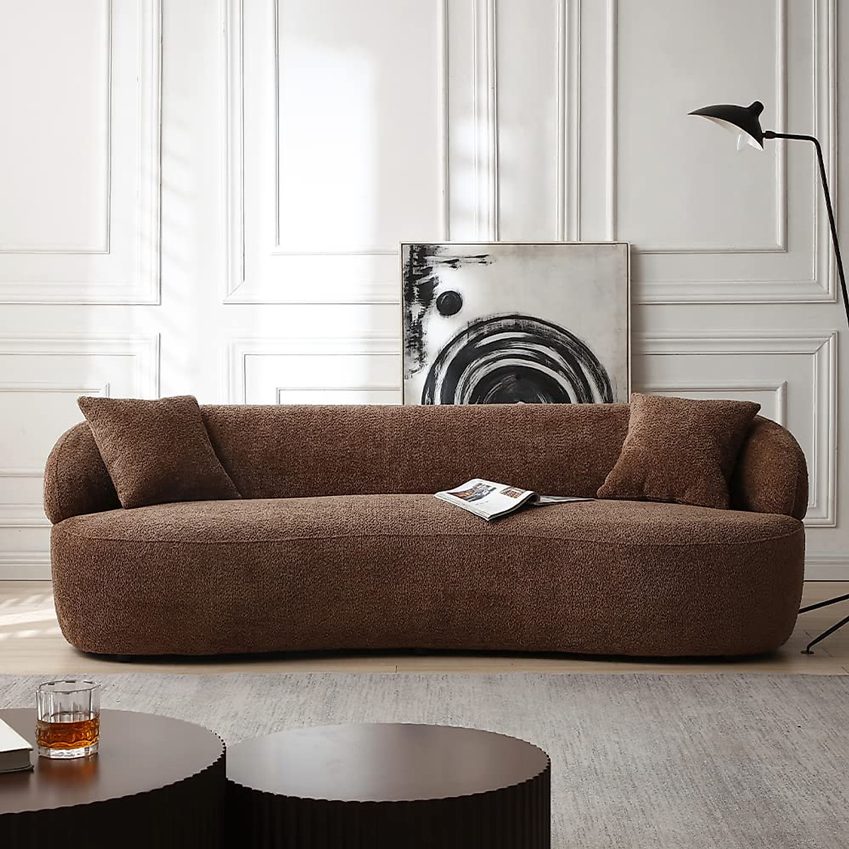 Curved Sofa Couch, 86.6" 3-Seater Modern Boucle Sectional Sofa Couch, Comfy Cloud Upholstered 3 Seat Leisure Cushion Sofa with Pillows for Living Room, Bedroom, Office, Apartment,Brown