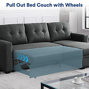 MMTGO 82" L-Shape Reversible Linen Sleeper Sectional Sofa, with Pull Out Bed, Storage Chaise and Arms, Corner Couch for Apartment, Dorm, Living Room