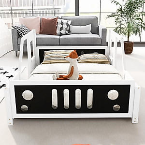 Full Size Car Bed, Wood Floor Bed Frame with Headboard & Footboard and 4 Side Rails, Kids Racecar Bed for Boys Girls Teens, White