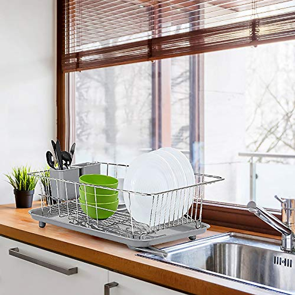 WHITGO Dish Drying Rack with Drain Board, Stainless Steel Dish Drainer Drying Rack with Utensil Holder for Kitchen Counter, Dish Drain Rack with One Cleaning Cloth