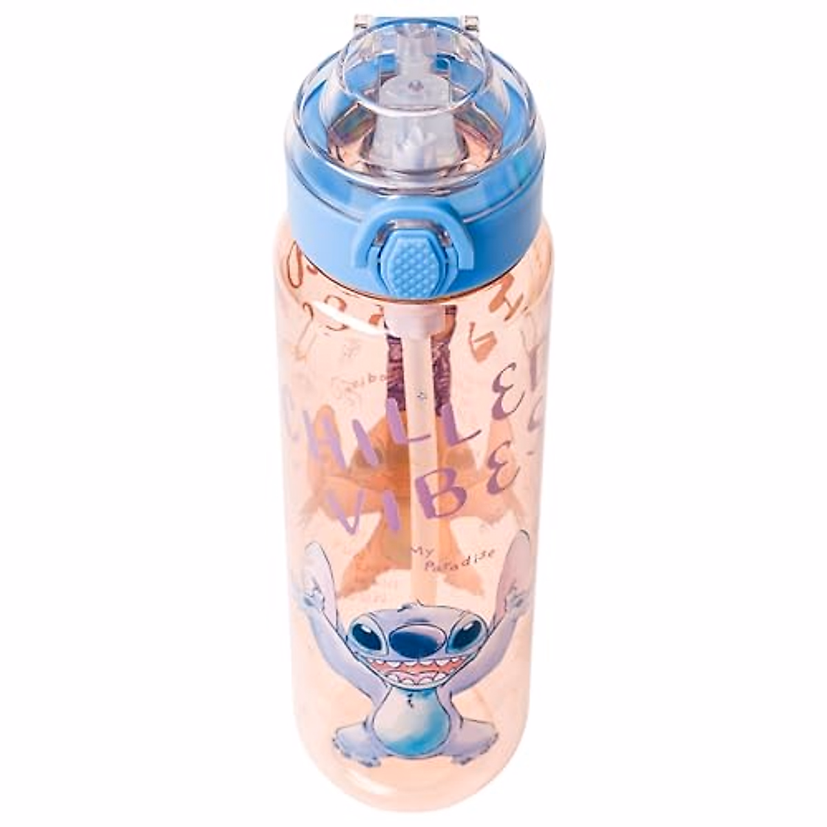Silver Buffalo Disney Lilo and Stitch Chilled Vibes Plastic Water Bottle with Locking Lid, Strap, and Straw, 33 Ounces