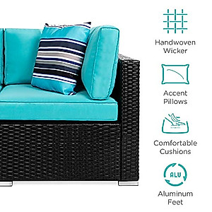 Best Choice Products 7-Piece Modular Outdoor Sectional Wicker Patio Furniture Conversation Sofa Set w/ 6 Chairs, 2 Pillows, Seat Clips, Coffee Table, Cover Included - Black/Teal