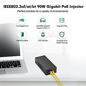 YuLinca Gigabit PoE+ Injector 90W, 802.3af/at/bt Power Over Ethernet Metal PoE Adapter, 10/100/1000Mbps, Non-PoE to PoE Adapter, Plug & Play, Distance Up to 100 Meters (328 ft.)