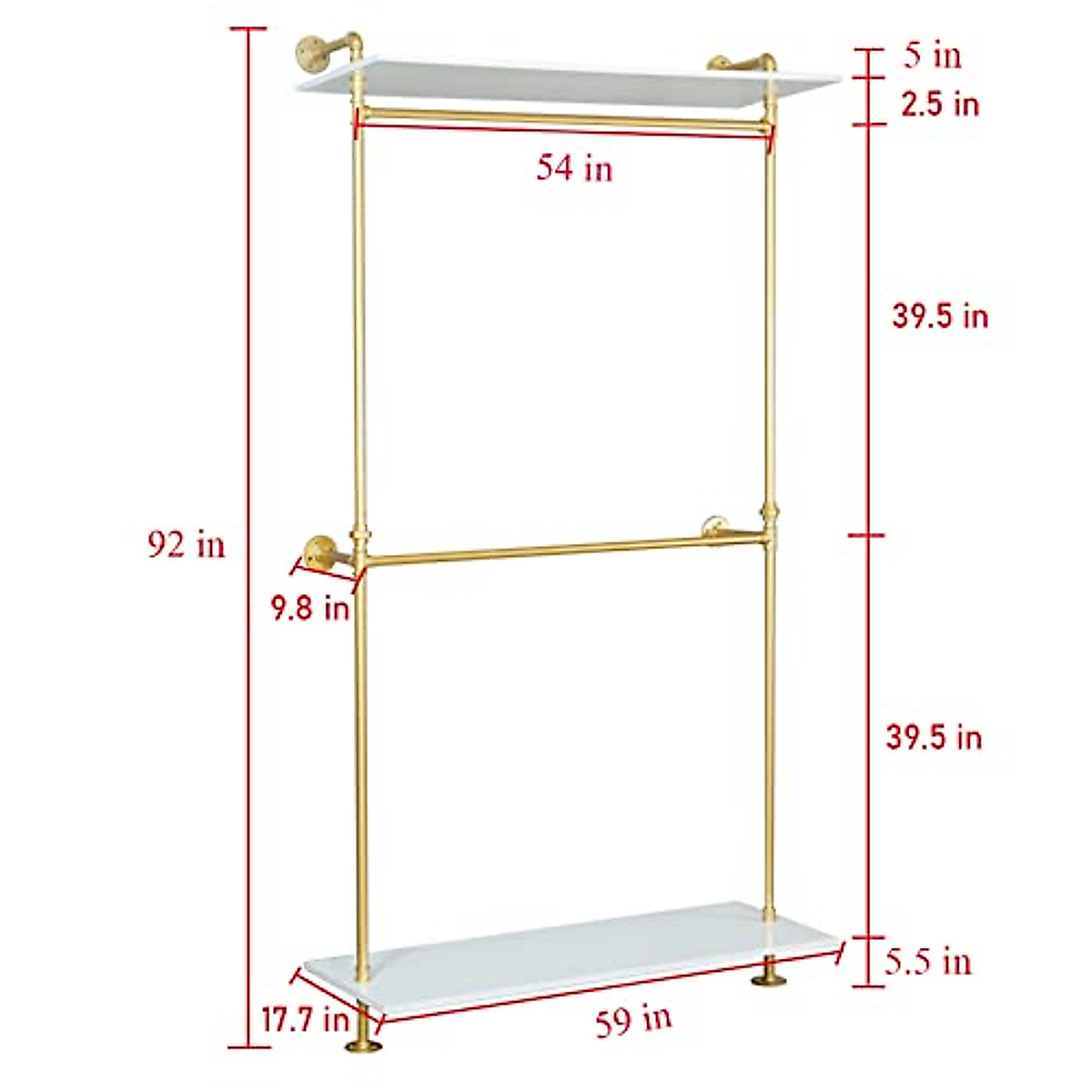 MDEPYCO Modern Simple Industrial Metal Pipe Double Hanging Rods Clothing Rack,Retail Wall Mounted Display Storage Clothes Bag Hanging Shelf,2 Tier Wood Garment Rack (One Shelves,Gold, 59" L)