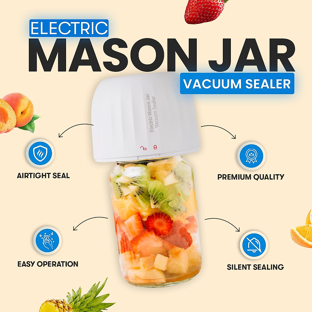 Electric Mason Jar Vacuum Sealer Kit, 3-in-1 Strong Suction, Handheld Rechargeable Sealer for Wide and Regular Mouth Mason Jars, Vacuum Bags, Jar Vacuum Sealer for Food Storage, Canning (White)