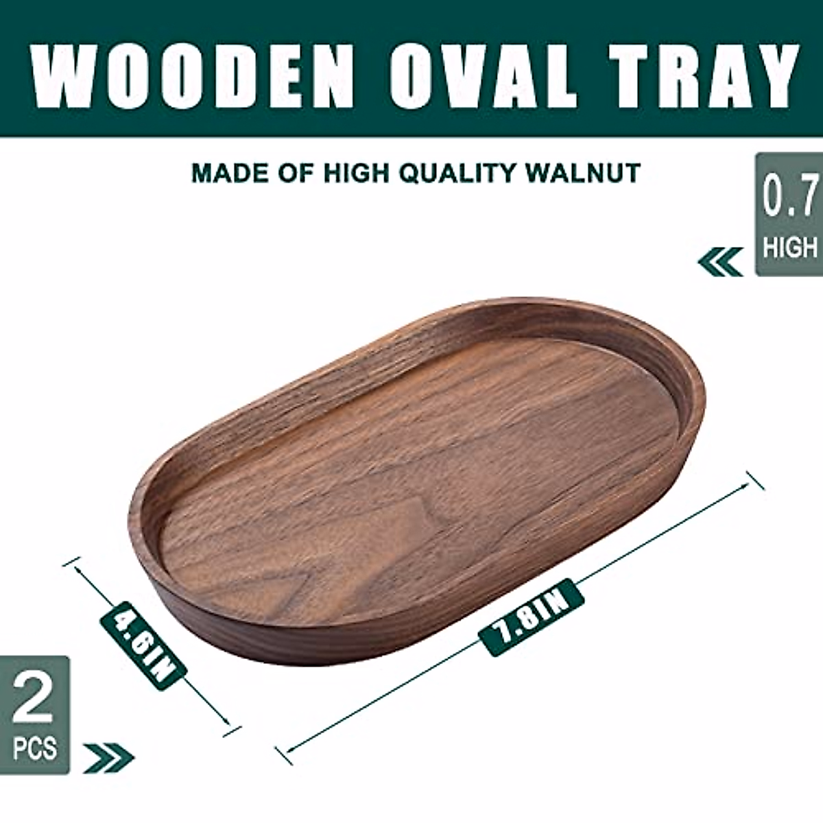 Vandroop Serving Trays for Parties, Small Tray for Tea＆Coffee, Oval Wooden Plates for Serving Food, Decorative Tray for Fruit, Appetizer＆Vegetables, Tray for Bathroom 7.8"×4.6" (Walnut, Set of 2)