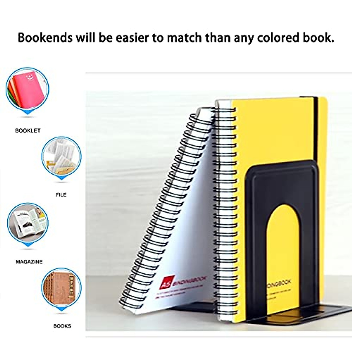 Book Ends, Heavy Duty Bookends to Hold Books, Metal Bookends for Home Office Decorative, Book Ends for Heavy Books/Movies/CDs, Black 6.5 x 5 x 5.7 in, 4 Pair/ 8 Piece by Mkyuroa