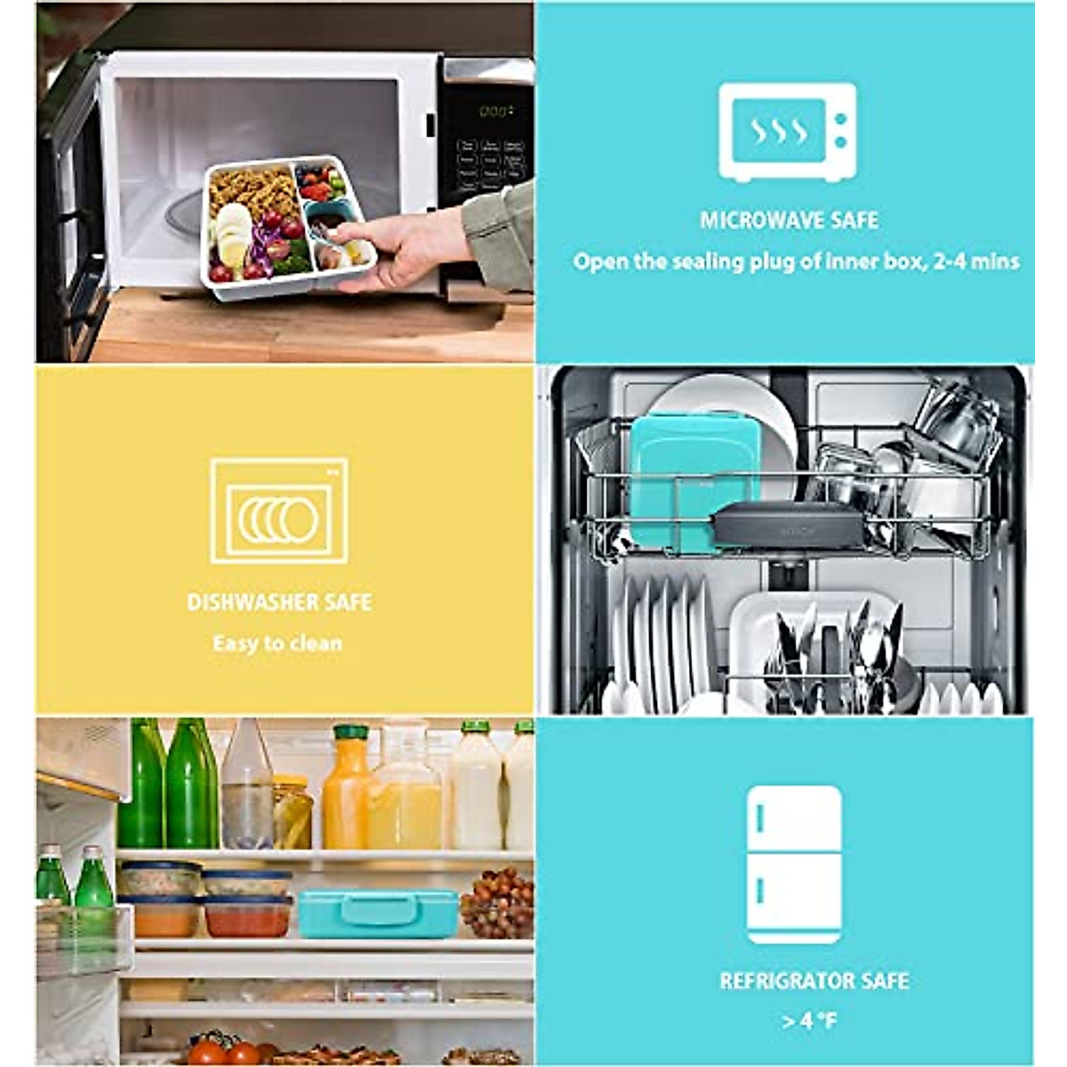 ECHTPower Bento Box, 1.3L Lunch Box with Handle Outer Box for Kids Children, Leak-Proof Lunch Containers with 4 Compartments, Extra Sauce Cup, Cutlery,Food-Safe Materials,Microwave and Dishwasher Safe