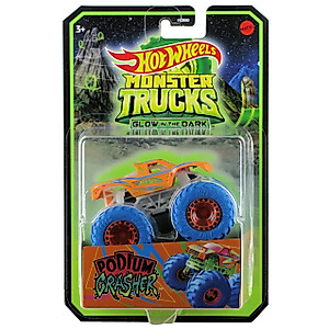Hot Wheels 2022 Monster Trucks 1:64 Scale Diecast Glow in The Dark Podium Crasher, Orange with Blue Wheels