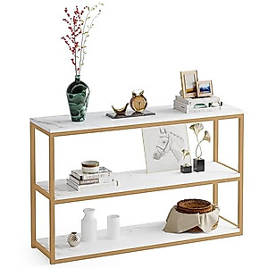 LITTLE TREE Modern Gold White Entryway Hallway Accent Console Table TV Stand with Faux Marble Veneer