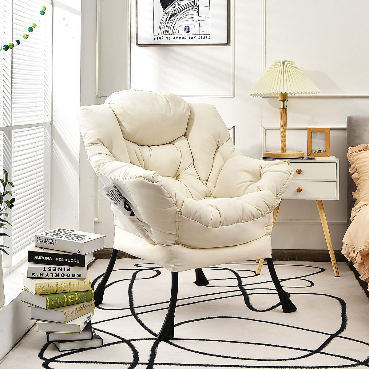 Giantex Modern Lazy Chair, Accent Contemporary Lounge Chair Polyester Fabric w/Steel Frame, Upholstered Single Sofa Chair w/Armrests & Side Pocket, Leisure Sofa Chair (Beige)