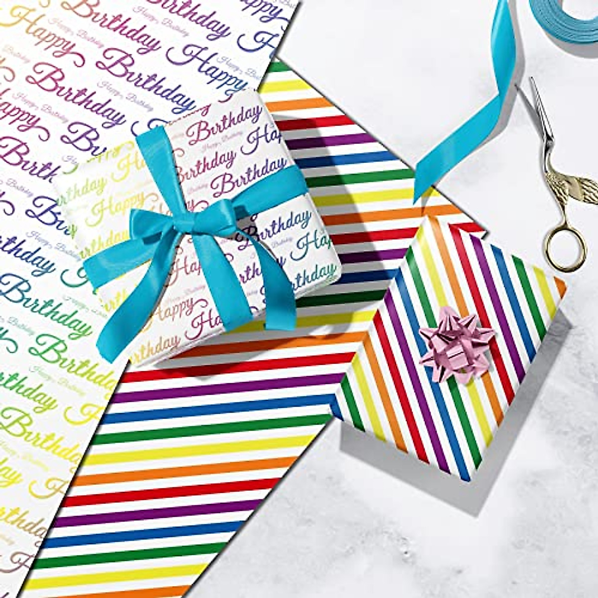 WAPLIGHAL Birthday Wrapping Paper for Kids Boys Girls Adults Baby Shower - Gift Wrapping Paper with Rainbow Stripe, Colorful Stars, Streamers, "Happy Birthday" Letters -20 X 29 Inch Per Sheet (8 Folded Sheets), Easy to Store
