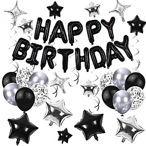 56 PCS Happy Birthday Balloons Happy Birthday Banner Silver and Black Balloons for Boys Men Girls Women 16th 18th 20th 21st 25th 30th 40th 50th 60th Birthday Party Decorations (Black)