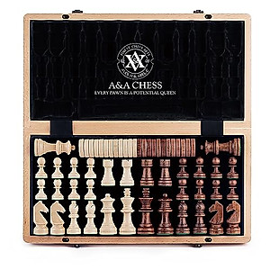 A&A 15 inch Wooden Folding Chess & Checkers Set w/ 3 inch King Height Staunton Chess Pieces / 2 Extra Queens - Beech Box w/Maple & Walnut Inlay