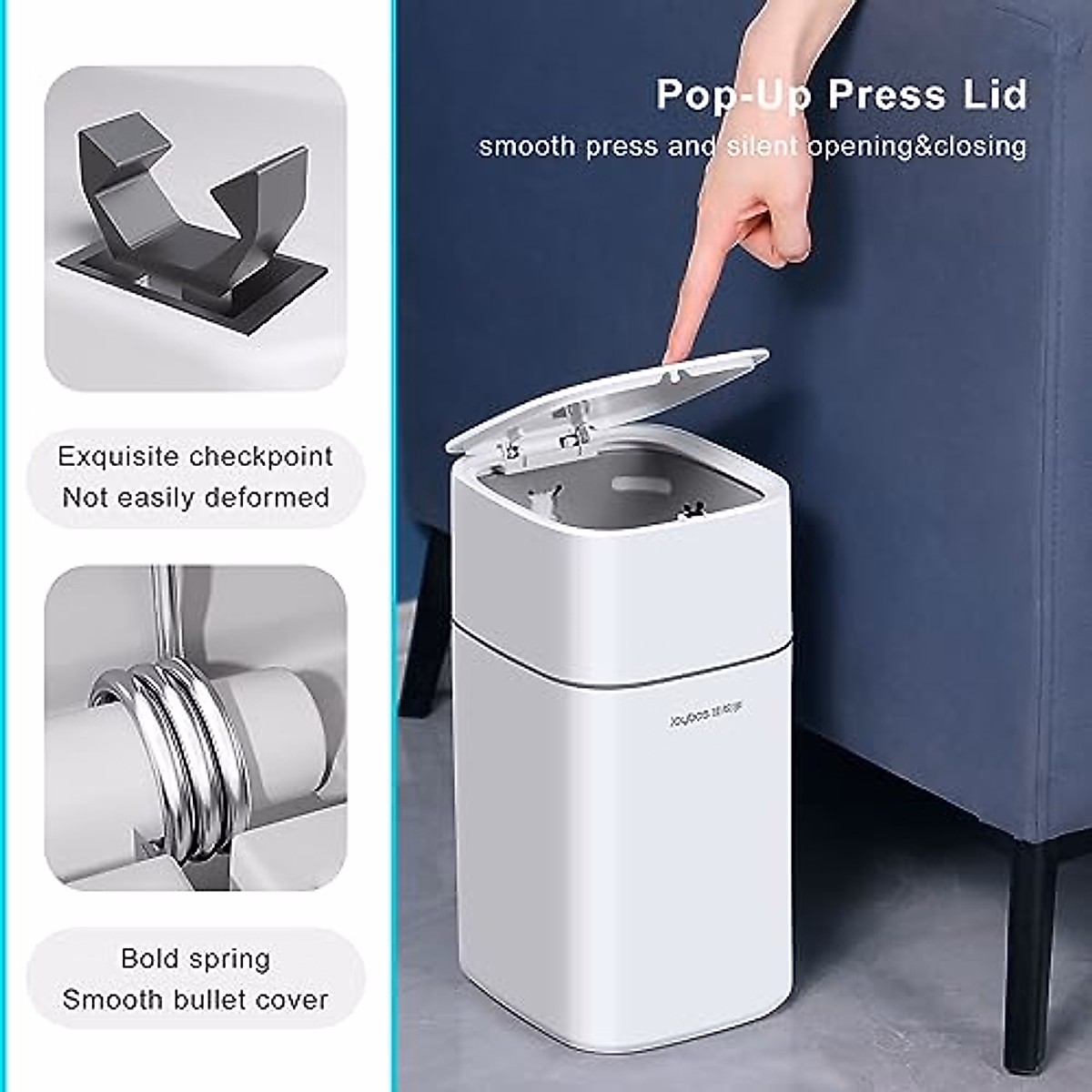 funest Bathroom Trash Can with Lids, 2.6 Gallon Small Plastic Garbage Cans with Press Pop-up Top Lid, Slim/Narrow Office Rubbish Can, Dog/Cat-Proof Trash Bin, Waterproof Wastebasket, White