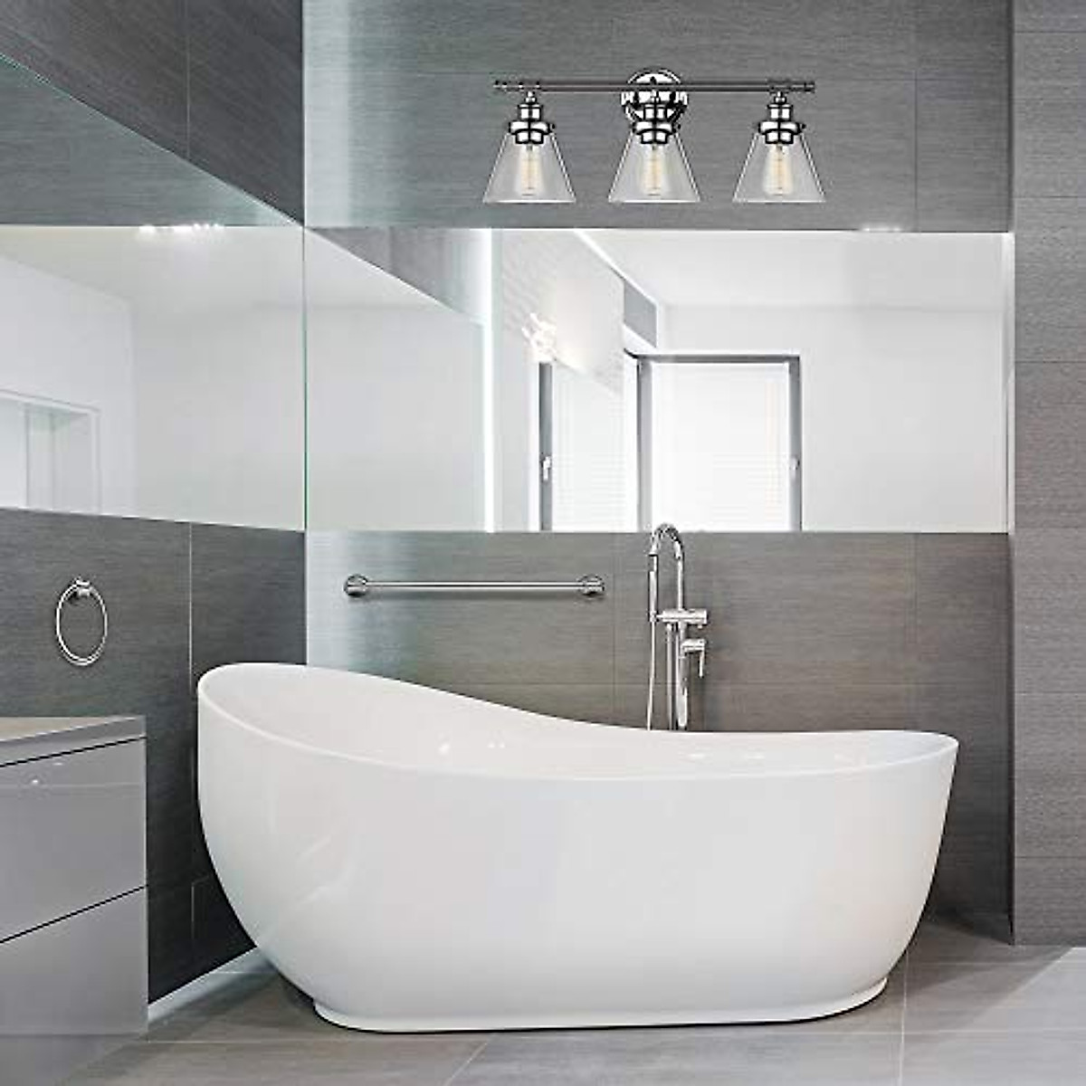 Globe Electric 51234 5-Piece All-in-One Bathroom Accessory Set, with Vanity, Chrome, 3-Light Vanity Light, Clear Glass Shades, Towel Bar, Towel Ring, Robe Hook, Toilet Paper Holder, Makeup Lighting