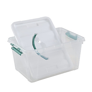 Pekky 1 Pack Plastic Small Latch Storage Box, 14 Quart Clear Lidded Storage Bin with Green Handle
