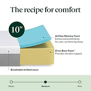 ZINUS 10 Inch Green Tea Essential Memory Foam Mattress [New Version], Queen, Fiberglass Free, Medium Feel, Breathable Airflow Memory Foam, Certified Safe Foams & Fabric, Mattress in A Box