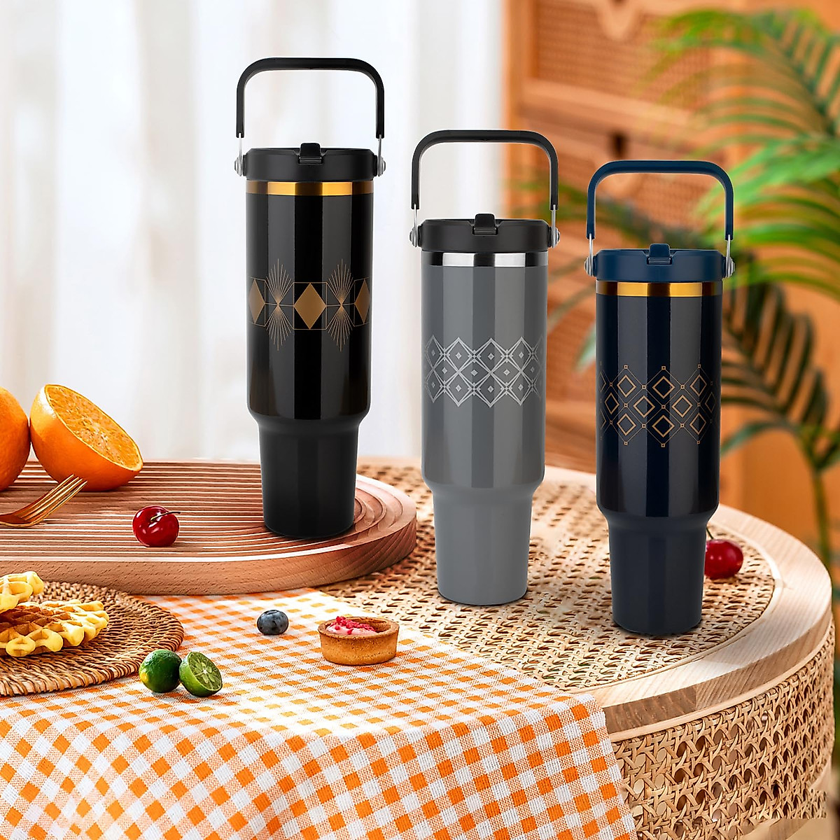 Cafezi 50 oz Insulated Tumbler with Straw, Stainless Steel Water Bottles with Flip Straw and Top Handle, Leak Proof Flip, No Sweat, Fits in Cup Holder, Vacuum Insulated Cup for Home, Outdoors, Car