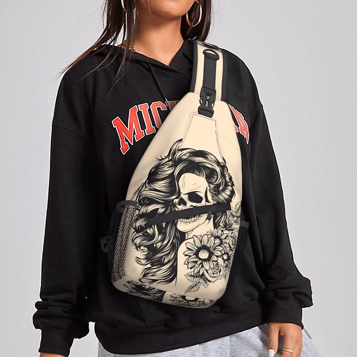 FeHuew Women Girl Skeleton Makeup Rose Skull Crossbody Sling Backpack for Men Chest Bag Shoulder Bag Lightweight One Strap Backpack Travel Outdoor Daypack