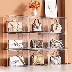 WMM 3 Packs Clear Handbag Storage Organizers for Closet, Plastic Acrylic Handbag Purse Shoes Toy Display Case, Stackable Magnetic Drop Front Storage Organizer