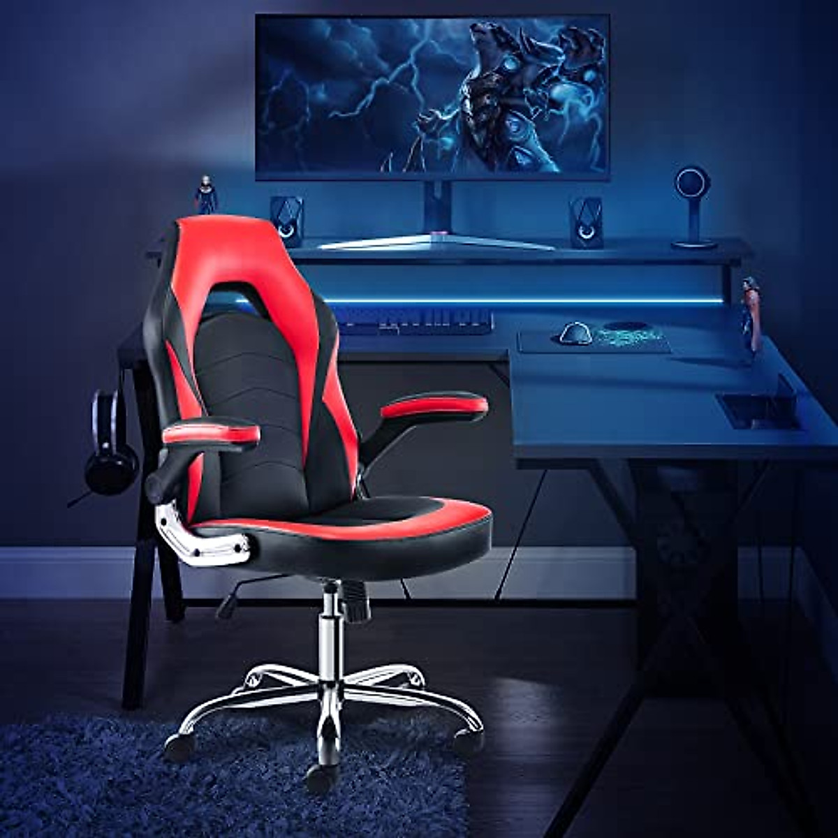 Gaming Chair - Ergonomic Office Chair Desk Chair with Flip-up Armrest and Height Adjustable Splicing PU Leather Computer Chair for Adults