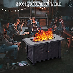 44 Inch Propane Fire Pit Table, PioneerWorks 50000BTU Rectangle Fire Table with Cover & Rain Cover, Sturdy Steel and Iron Fence Surface, CSA Safety Certified, Companion for Your Garden (Double Door)