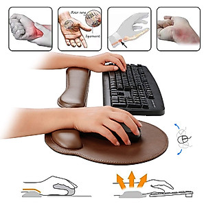 RICHEN Ergonomic PU Leather Keyboard Wrist Rest and Mouse Pad with Wrist Support, Memory Foam Set for Computer/Laptop,Gaming and Office, Comfortable for Easy Typing & Pain Relief (PU Brown)