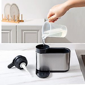 SDlumeiy Stainless Steel and Plastic Soap Dispenser with Sink Caddy, Stainless Steel Sponge Holder, Brush Holder, Kitchen Sink Organizer 7x5x6.4 inches Silver Gray