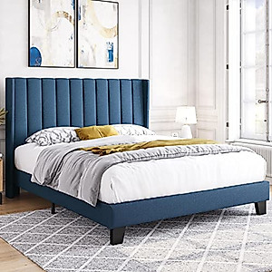 Yaheetech Upholstered Platform Bed with Wing Edge Channel Tufted Headboard Mattress Foundation/Heavy Duty Wooden Slat Support/No Box Spring Needed, Easy Assembly, Navy Blue, Queen Size