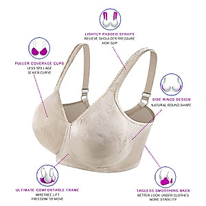 wirarpa Women's Bras Comfortable Ultimate Soft Wireless Full Coverage Floral Jacquard Non-Padded Plus Size Bra Beige 42D
